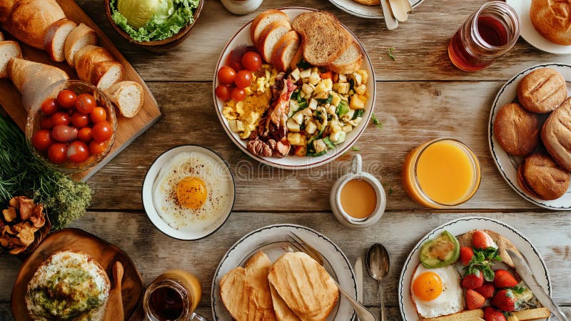A Breakfast Buffet Table with Scrambled Eggs, Bacon, Potatoes, Pastries ...