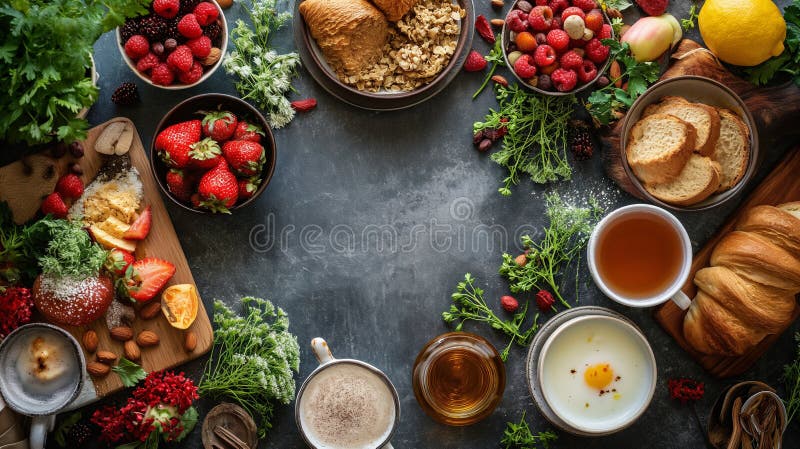 A Breakfast Buffet Table with Scrambled Eggs, Bacon, Potatoes, Pastries ...