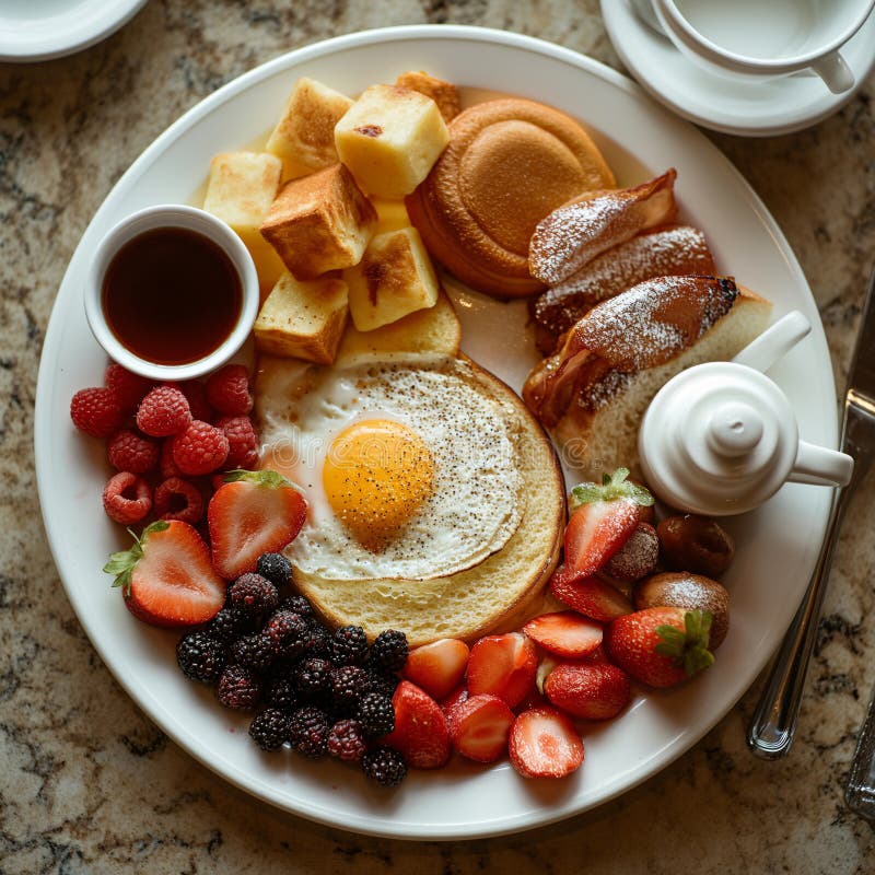 A Breakfast Buffet Table with Scrambled Eggs, Bacon, Potatoes, Pastries ...