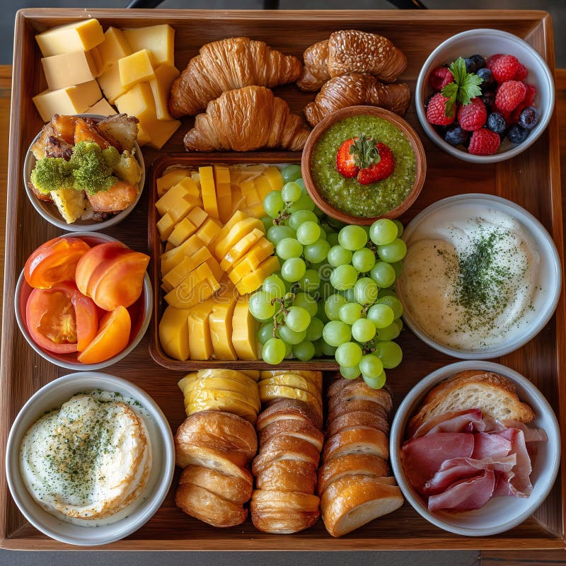 A Breakfast Buffet Table with Scrambled Eggs, Bacon, Potatoes, Pastries ...