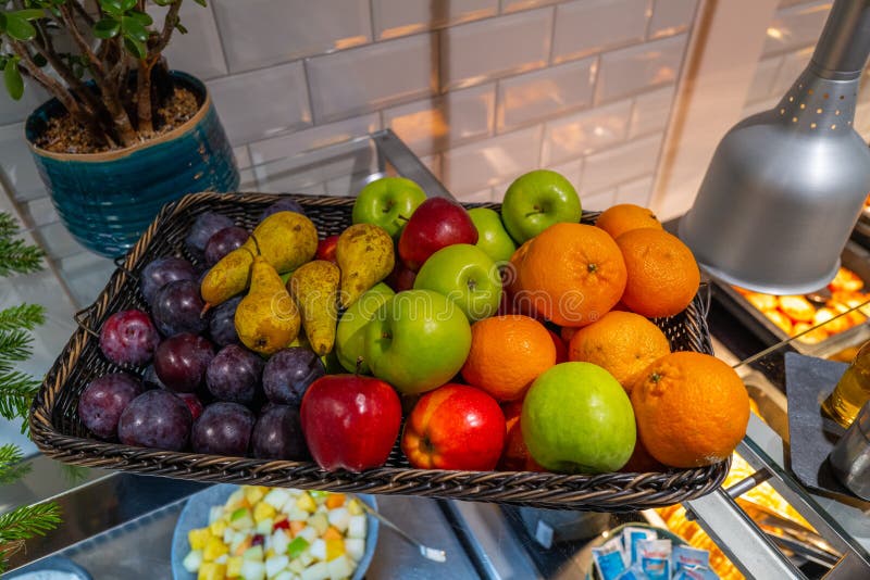 On a Breakfast Buffet There is a Bowl with Different Kinds of Fruits ...