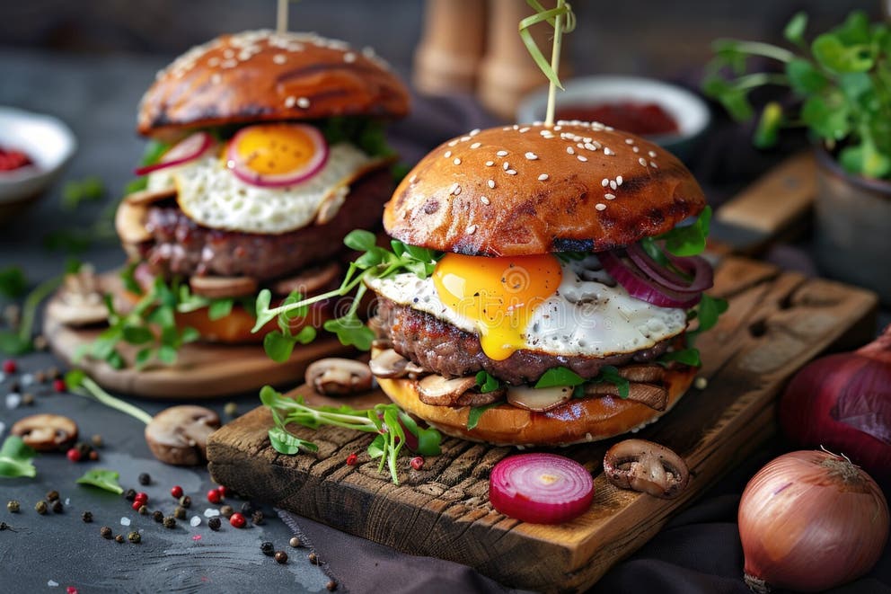 Breakfast burgers with egg stock photo. Image of mealtime - 374834302