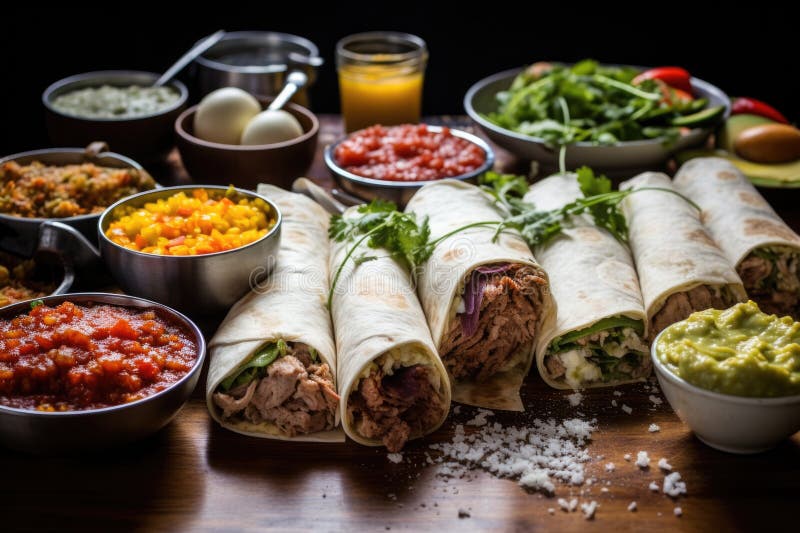 Breakfast Burrito Assembly Line with Ingredients in a Row Stock Photo ...