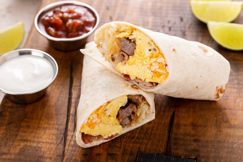 Breakfast Burrito with Sausage, Eggs, Hashbrown and Cheese Stock Image ...