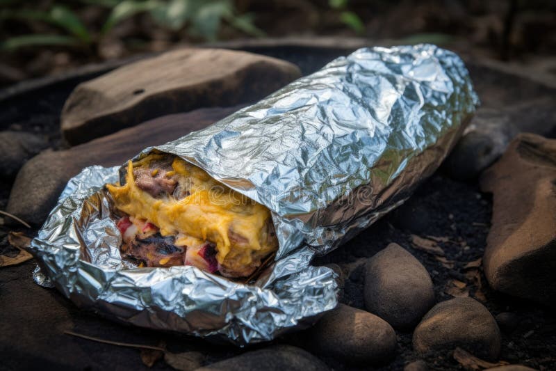 Breakfast Burrito, Wrapped in Foil and Ready To Be Cooked Over the Fire ...