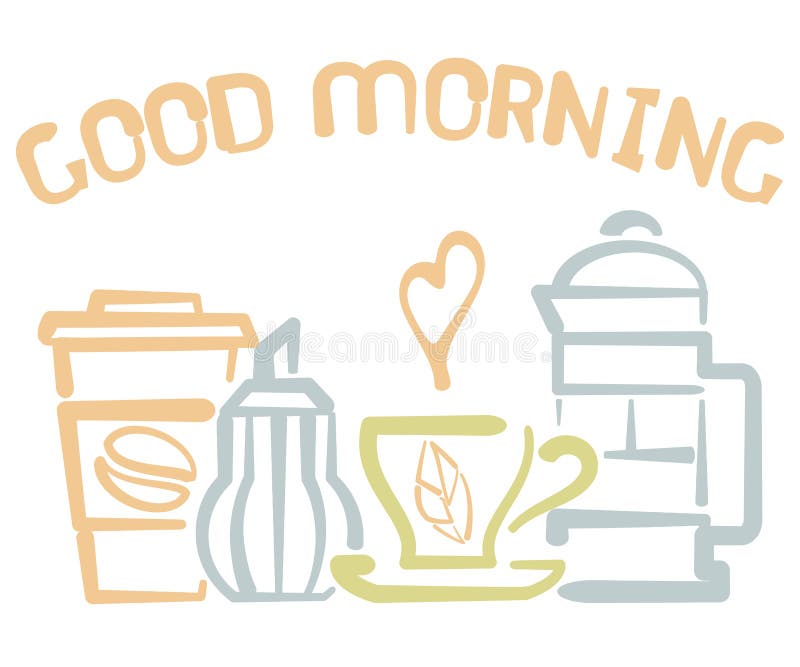 Breakfast Card with Tea and Coffee Objects and Lettering Good Morning ...