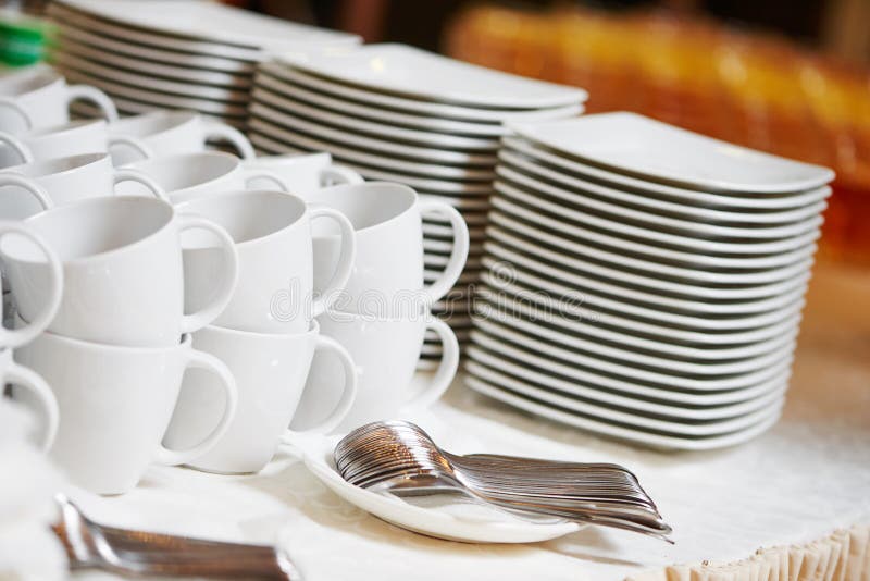 Breakfast Catering. Empty Clean White Plates and Cups Stock Photo ...
