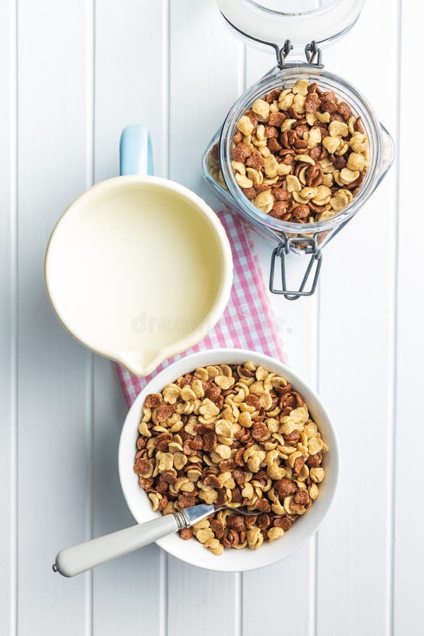 Breakfast Cereal Flakes and Milk on Kitchen Table Stock Image - Image ...