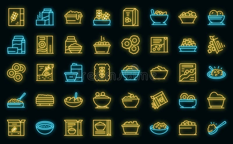 Breakfast Cereal Icons Set Outline Vector. Snack Granola Vector Neon ...