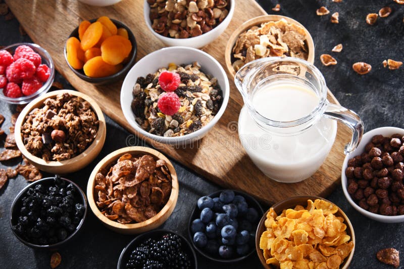Breakfast Cereal Products and Fresh Fruits Stock Photo - Image of ...