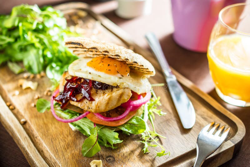 Breakfast Chicken Burger with Grilled Chicken Stock Photo - Image of ...