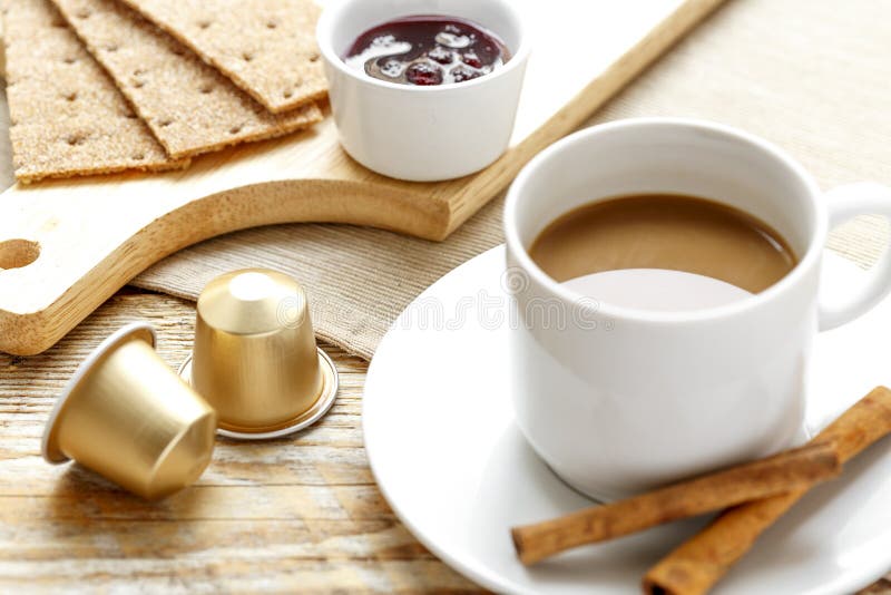 Breakfast with Coffee, Crackers and Croissants on Wooden Table Stock ...