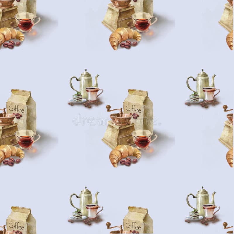 Breakfast with Coffee and Croissant, Seamless Pattern, Watercolor ...