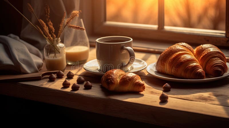Breakfast with Coffee with Croissant on Selective Focus Background ...