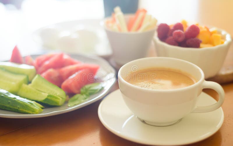 Breakfast with Coffee, Egg, Vegetables and Fruits Stock Image - Image ...