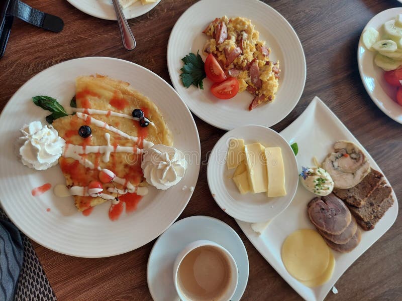 Breakfast Coffee Food Dish Strawberry Pancake Crepe Table Stock Photo ...