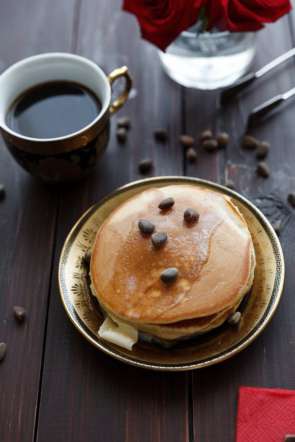 Breakfast Coffee and Pancakes on the Table with Roses Stock Image ...