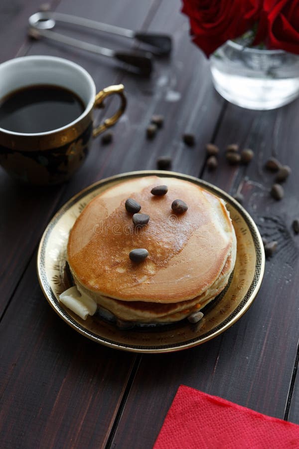 Breakfast Coffee and Pancakes on the Table with Roses Stock Image ...