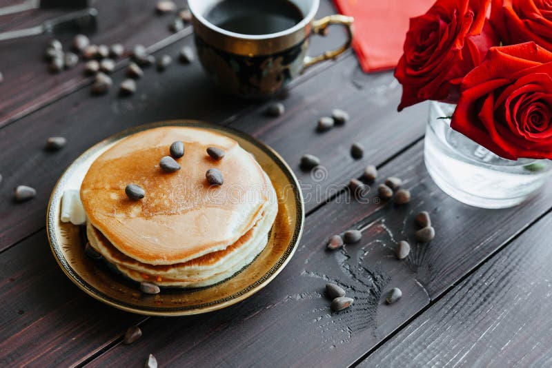 Breakfast Coffee and Pancakes on the Table with Roses Stock Image ...