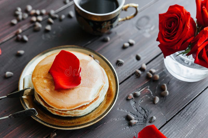Breakfast Coffee and Pancakes on the Table with Roses Stock Photo ...