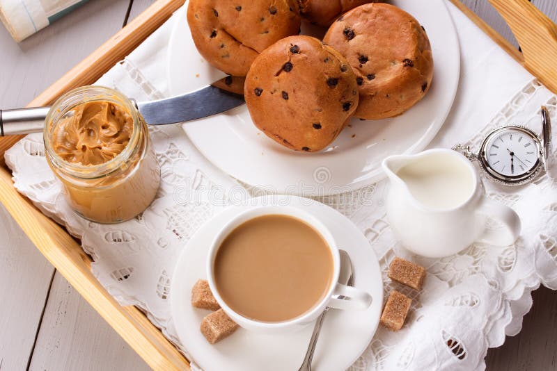 Breakfast with Coffee, Pastry and Peanut Butter Stock Image - Image of ...