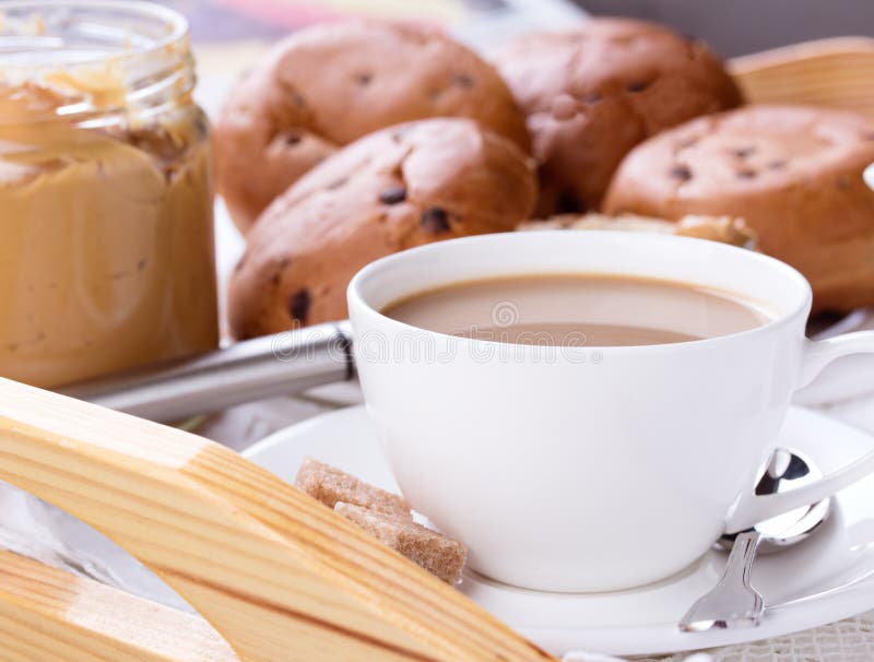 Breakfast with Coffee, Pastry and Peanut Butter Stock Image - Image of ...