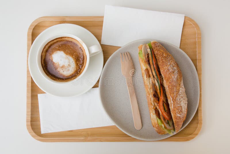 Breakfast - Coffee and Sandwich on a Wooden Tray. Stock Image - Image ...