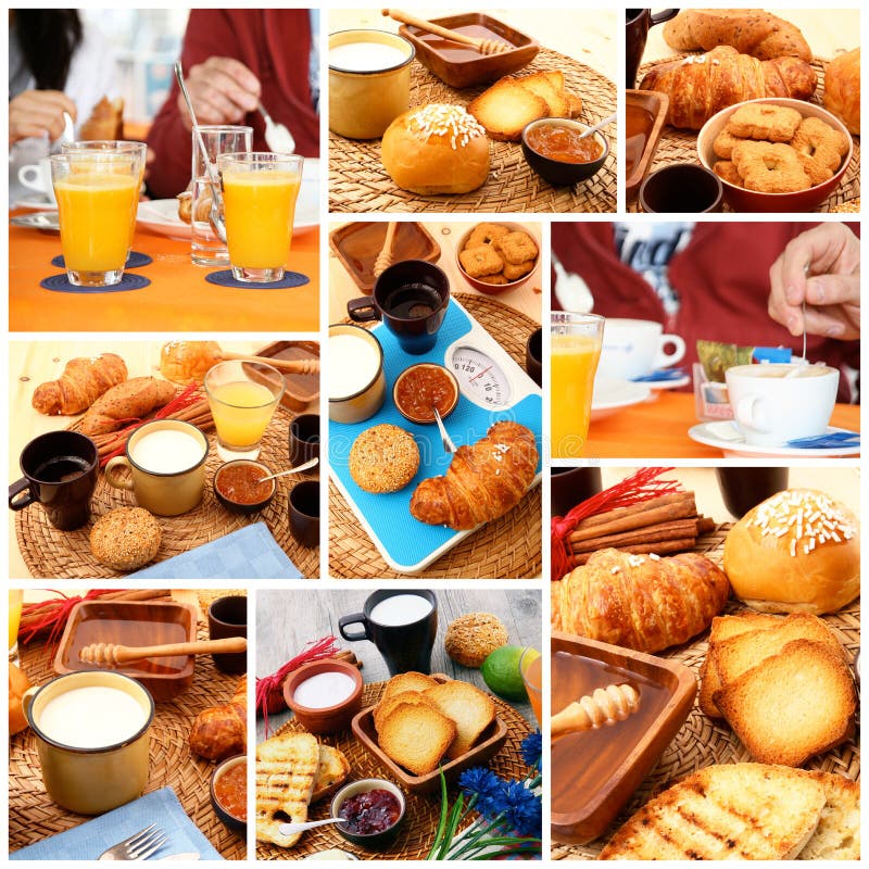 Breakfast Collage on Rustic Wooden Table Stock Photo - Image of cookie ...