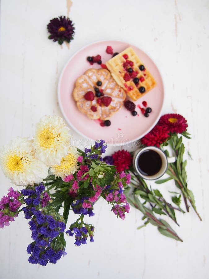 Breakfast with Colorful Flowers Stock Image - Image of beauty, leaves ...