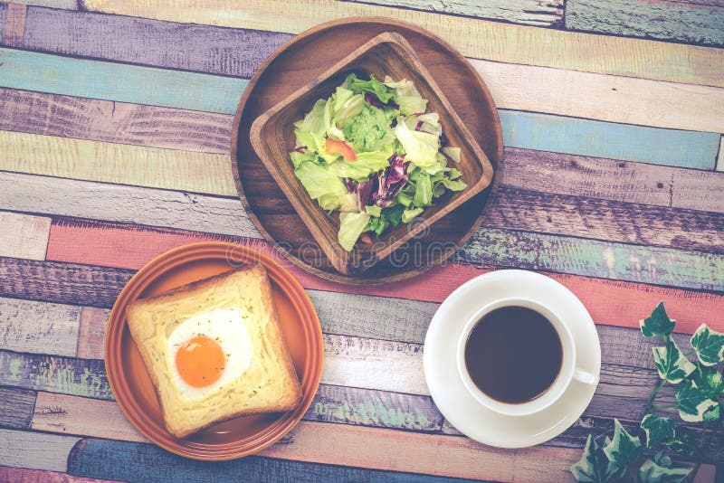 Breakfast on a Colorful Wooden Table Stock Image - Image of hospitality ...