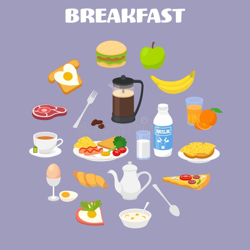 Breakfast Concept with Fresh Food and Drinks Icons Set Stock Vector ...