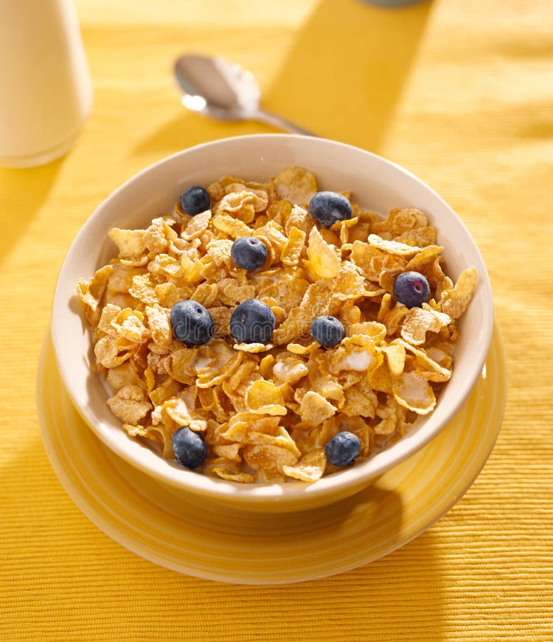 Breakfast : Corn Flakes with Blueberries in the Mo Stock Image - Image ...