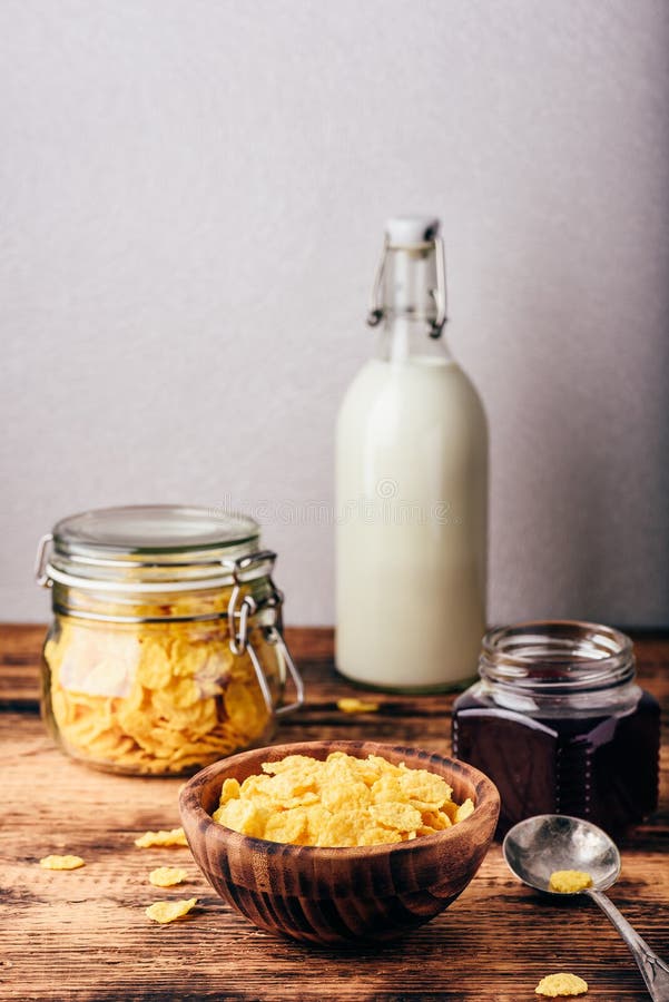 Breakfast with Corn Flakes, Milk and Jam Stock Image - Image of yellow ...