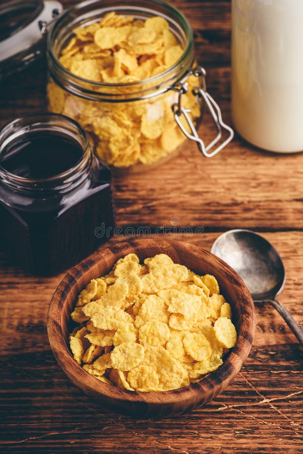 Breakfast with Corn Flakes, Milk and Jam Stock Image - Image of flake ...