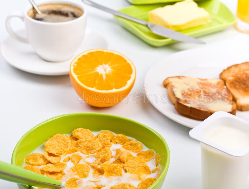 Breakfast with Cornflakes,toast, Orange and Coffee Stock Image - Image ...