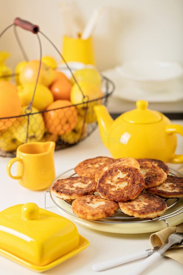 Breakfast. Cottage Cheese Pancakes with Tea and Lemon Stock Image ...