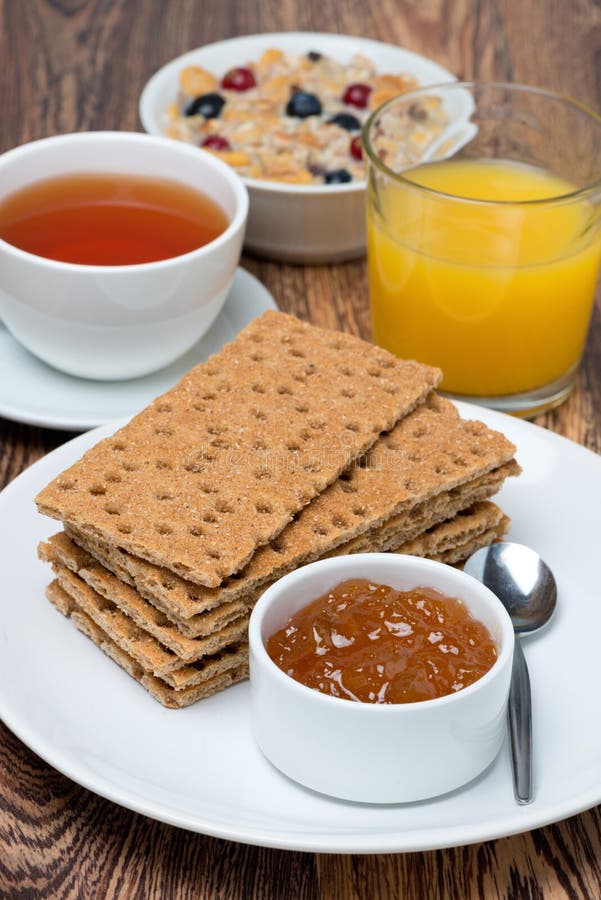 Breakfast - Crisp Bread with Jam, Tea, Juice Stock Image - Image of ...