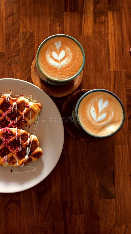 Breakfast with Croffle and Caffe Latte Stock Photo - Image of baking ...