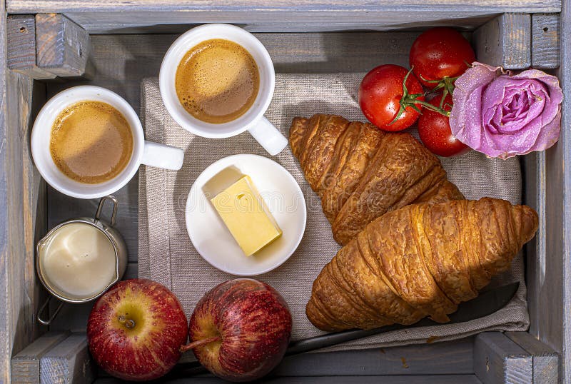 Breakfast with Croissant, Espresso Coffee in a Box Stock Image - Image ...