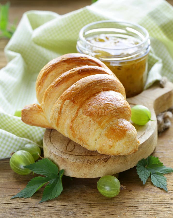 Breakfast Croissant with Fresh Jam Gooseberry Stock Image - Image of ...