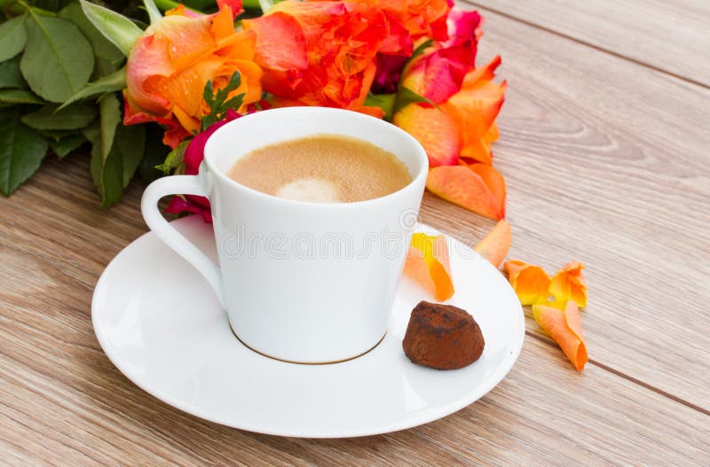 Cup of Coffee with Orange Roses Stock Photo - Image of cofe, roses ...