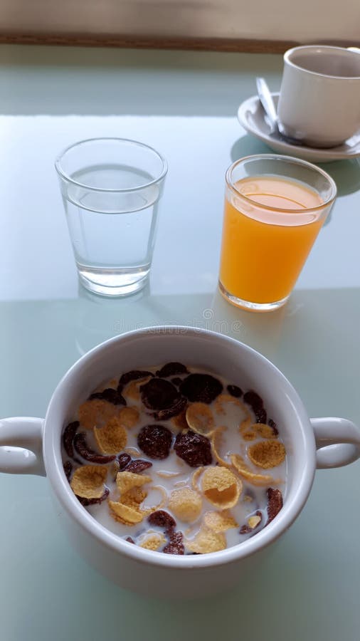 Breakfast Cup Milk Juice Water Stock Image - Image of juice, water ...