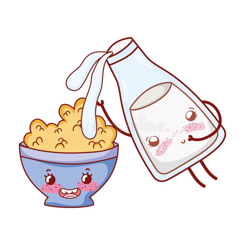 Breakfast Cute Milk Pouring In Cereal Bowl Kawaii Cartoon Stock Vector
