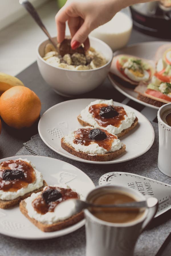 Breakfast with Dark Bread with White Cheese and Jam Stock Photo - Image ...