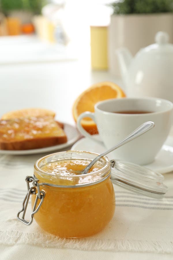 Breakfast with Delicious Orange Marmalade on Table. Space for Text ...