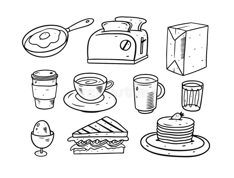 Breakfast Doodle Elements Set. Hand Drawing Vector Illustration ...
