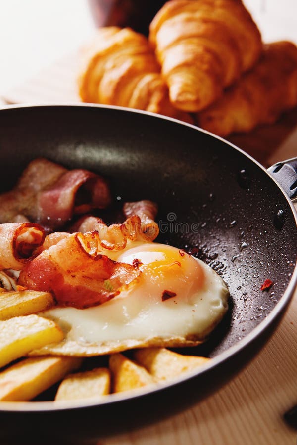 Breakfast with Eggs, Bacon, French Fries Close-up Stock Image - Image ...