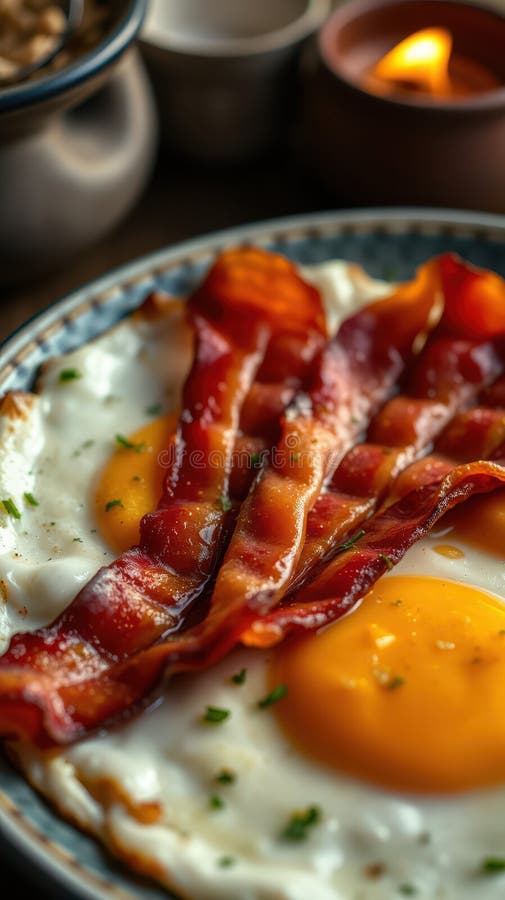 Breakfast of Eggs and Bacon Served on a Decorative Plate with a Warm ...