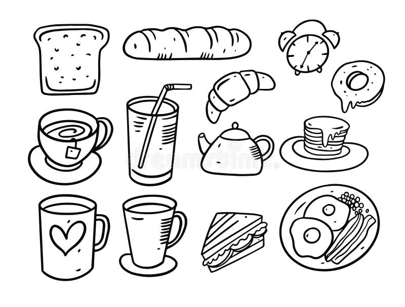 Breakfast Doodle Elements Set. Hand Drawing Vector Illustration ...