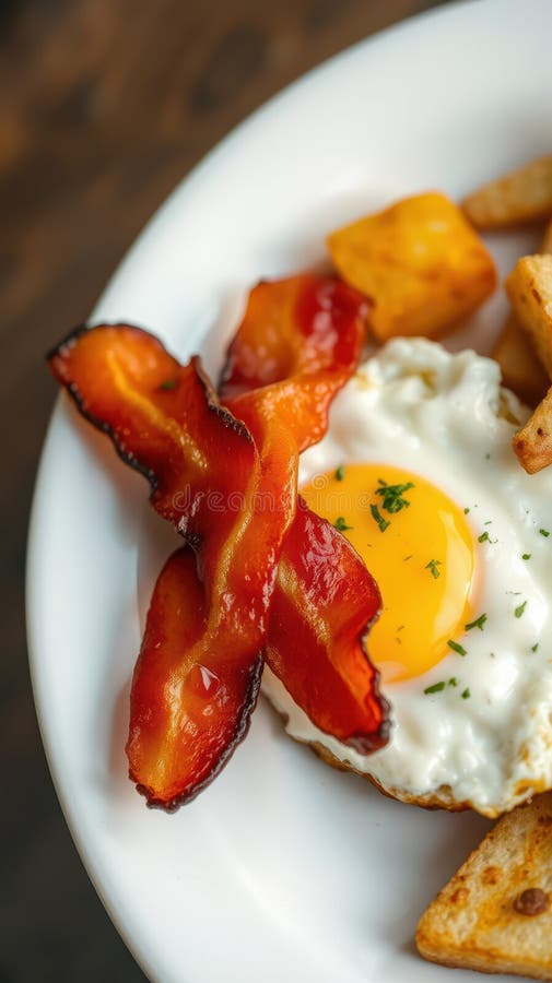 Breakfast Featuring Crispy Bacon, Sunny Side Up Egg, and Golden Potato ...